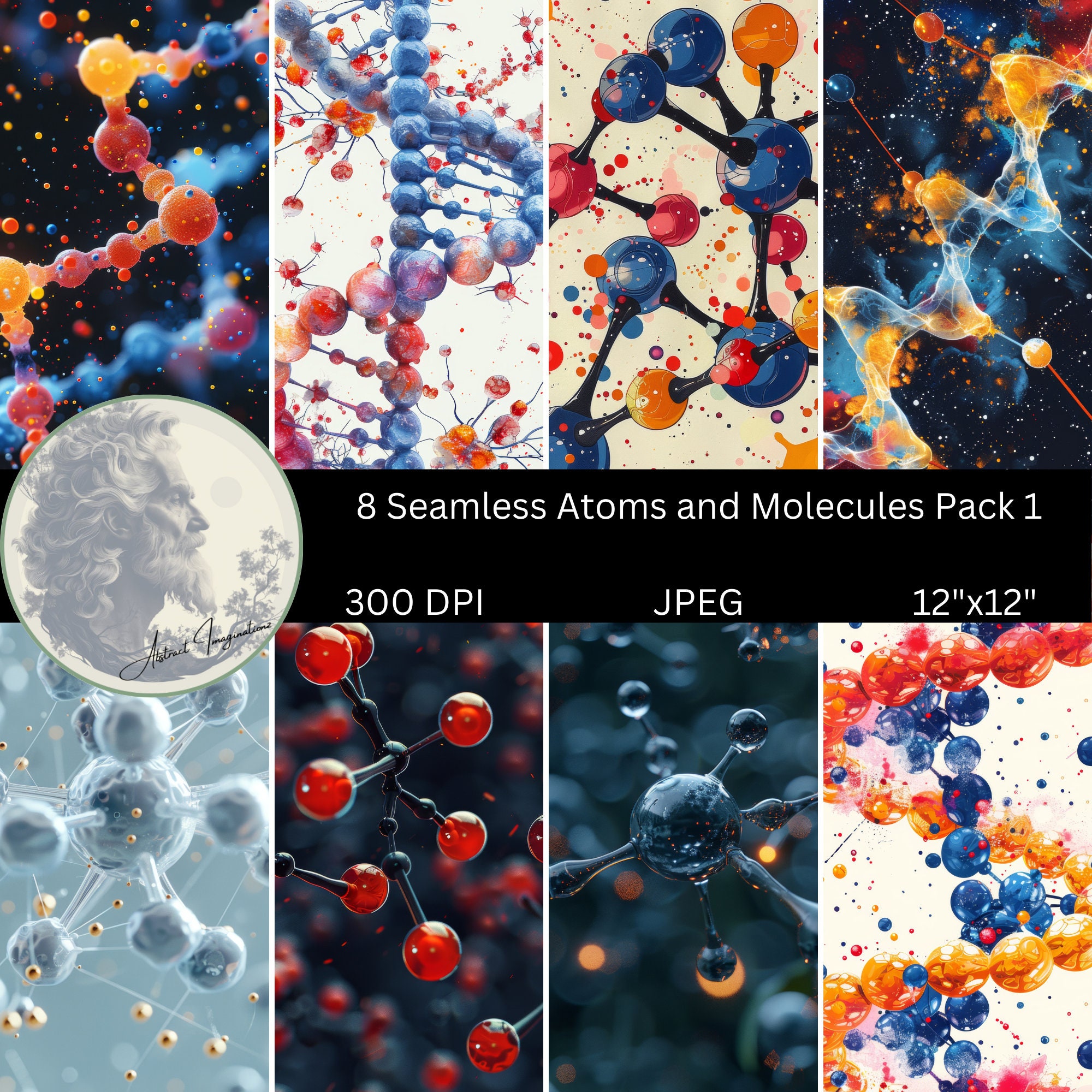 8 Seamless Atoms & Molecule Patterns Digital Paper Commercial Use ...
