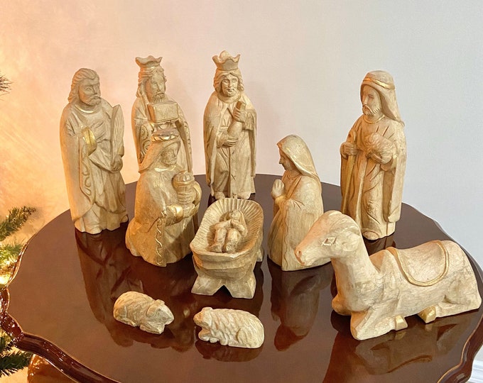 Large 11" Hand Carved Mango Wood Nativity Set, Manger Scene, Christmas ...
