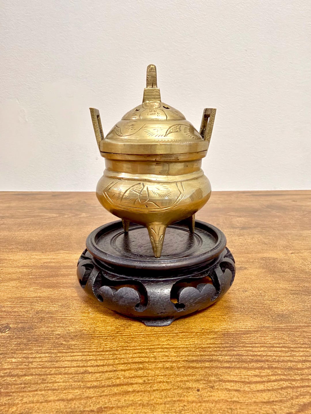 Vintage Chinese Brass Incense Burner Censer With Pierced Lid, Tripod ...