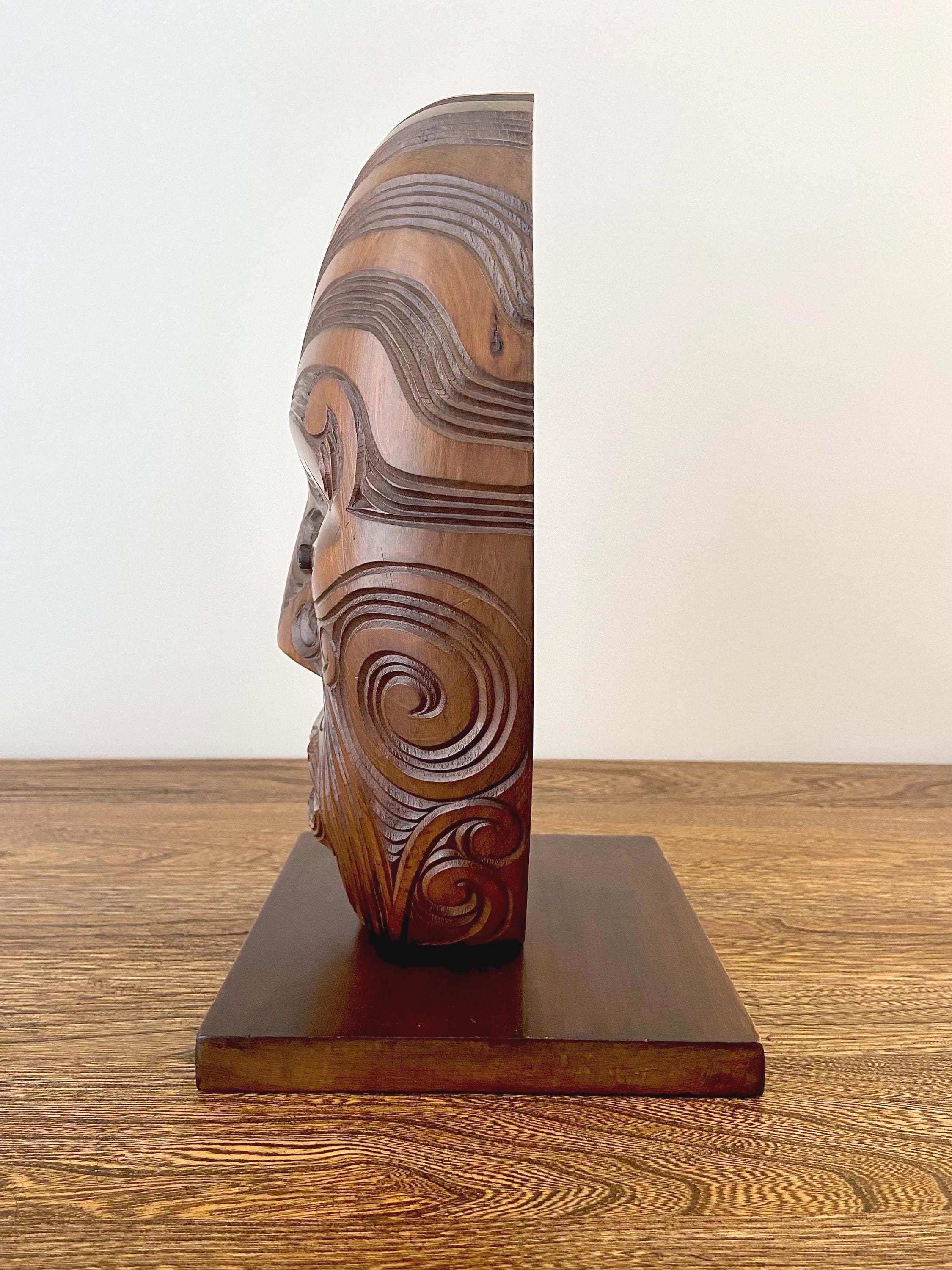 Large Vintage Maori Upoko Whakairo Carved Head on Stand - Ta Moko Wood ...