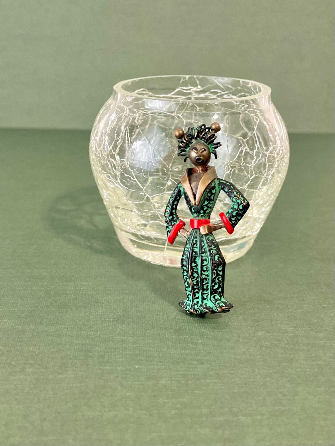 Rare Vintage Geisha Brooch Pin - Woman in Green Dress, Enamel Metal, 2 ...