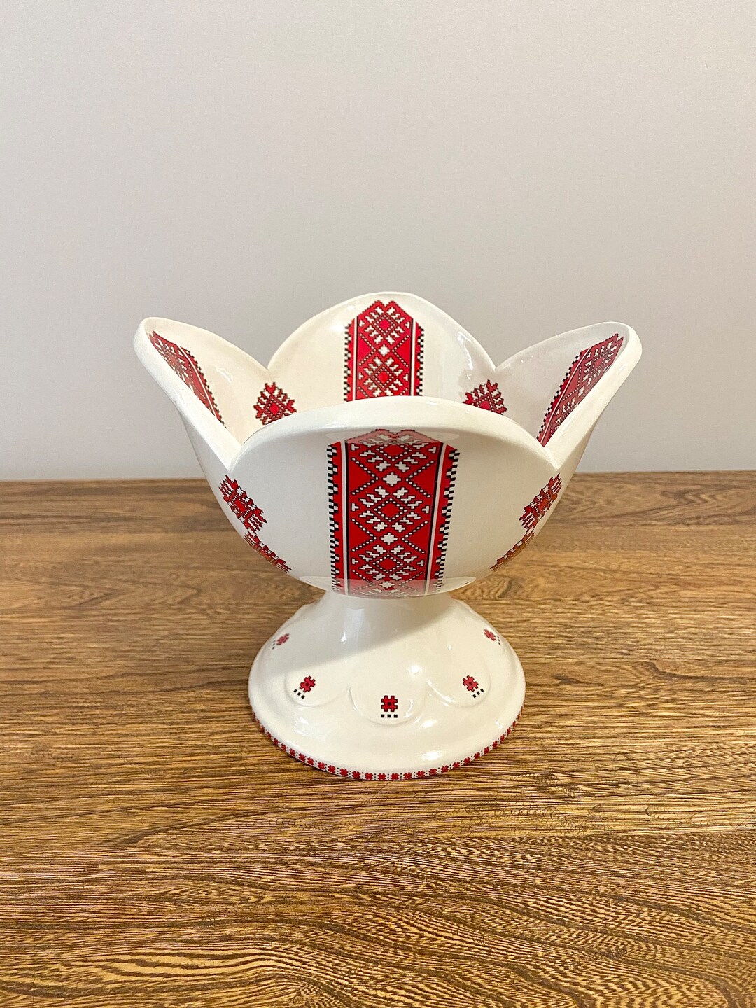 Vintage Ukrainian Pedestal Fruit Dish, Folk Art Ceramic Compote, Red ...