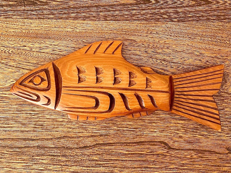 Indigenous Pacific Northwest Coast Cedar Salmon Carving, Signed Ralph ...