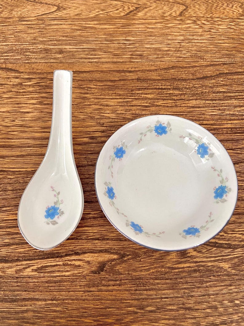 Vintage Chinese Porcelain Soup Spoon and Bowl Set, Blue Floral, Asian ...