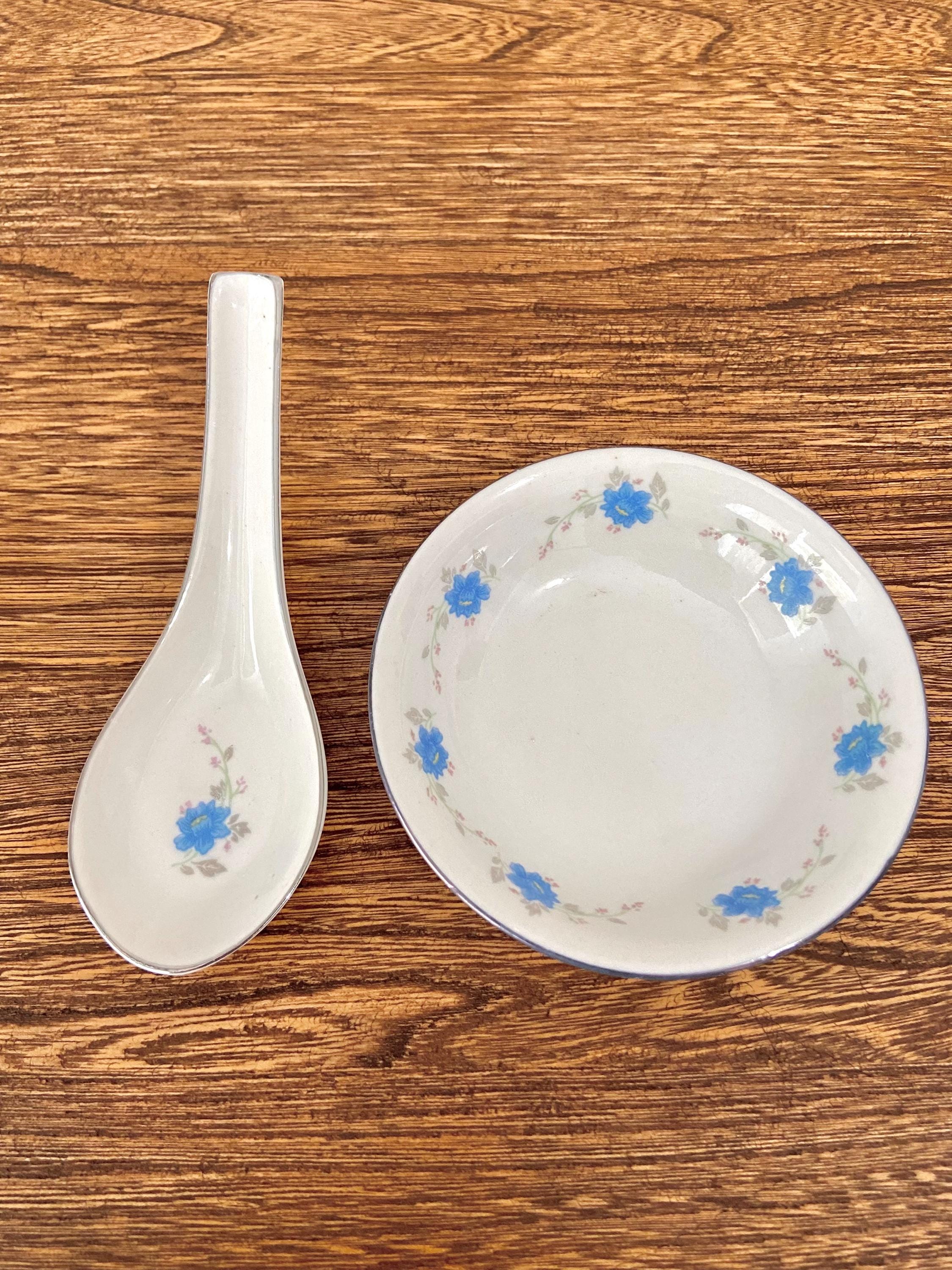 Vintage Chinese Porcelain Soup Spoon and Bowl Set, Blue Floral, Asian ...
