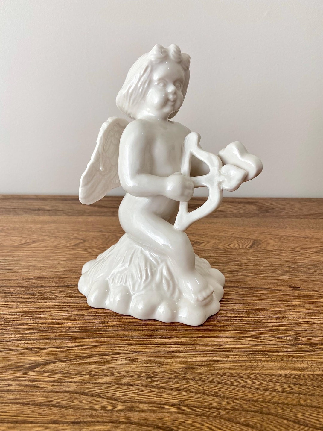 Vintage Ceramic Cupid Figurine, 7”H White Angel Cherub With Bow and ...