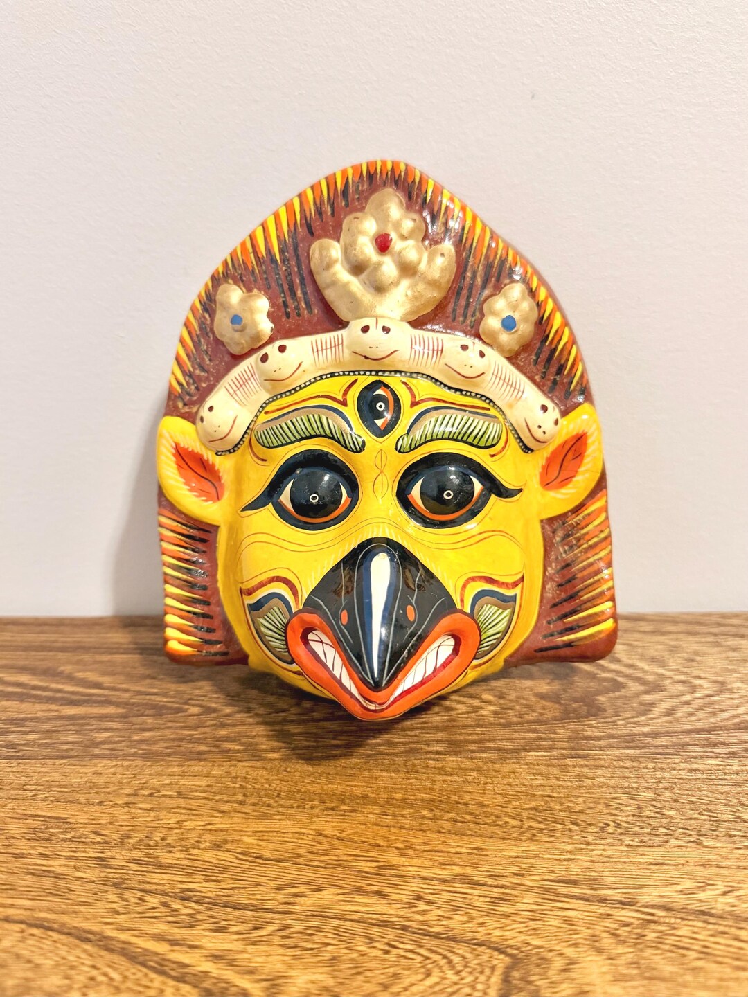 Vintage Polychrome Paper Mache Garuda Mask, Hand Painted Nepal Wall ...