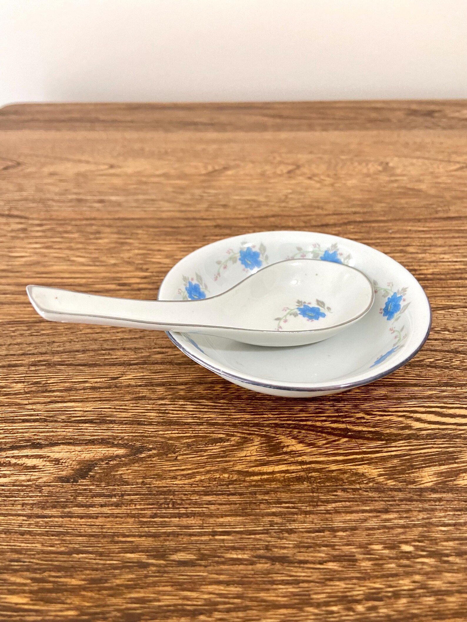 Vintage Chinese Porcelain Soup Spoon and Bowl Set, Blue Floral, Asian ...