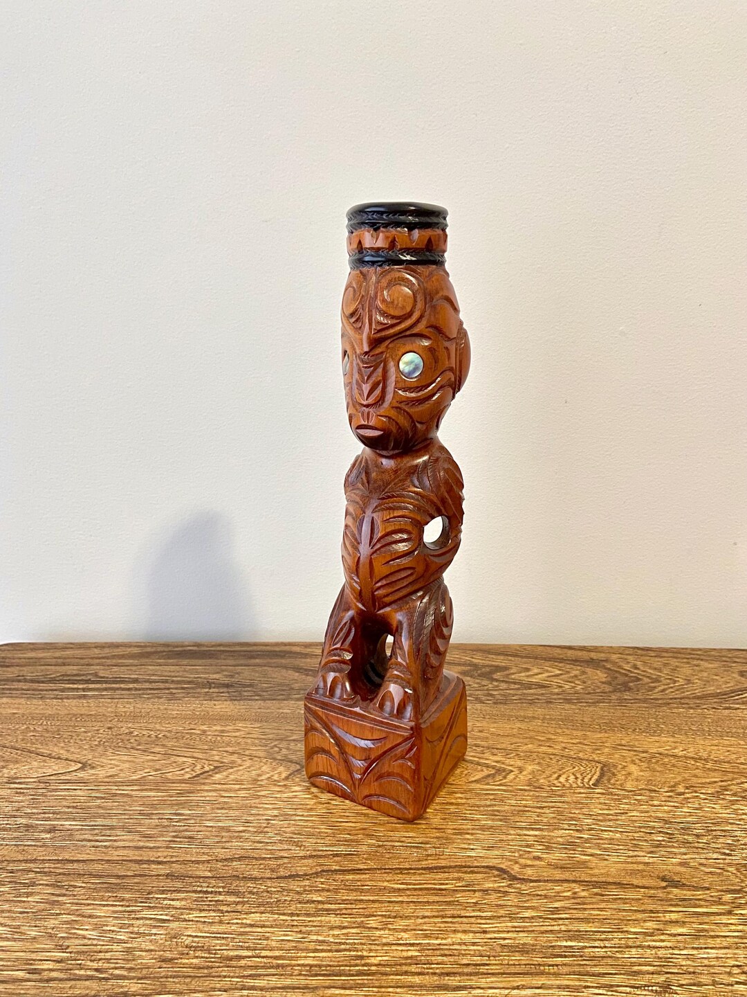 Vintage New Zealand Hand Carved Tiki Totem Maori, Matai Timber, Paua ...