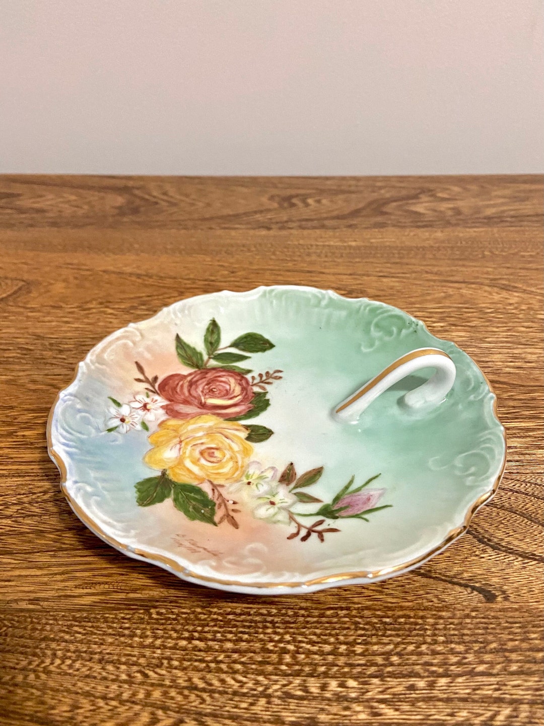 Hand Painted Green Floral Nappy Plate With Handle Signed by B. Neville ...