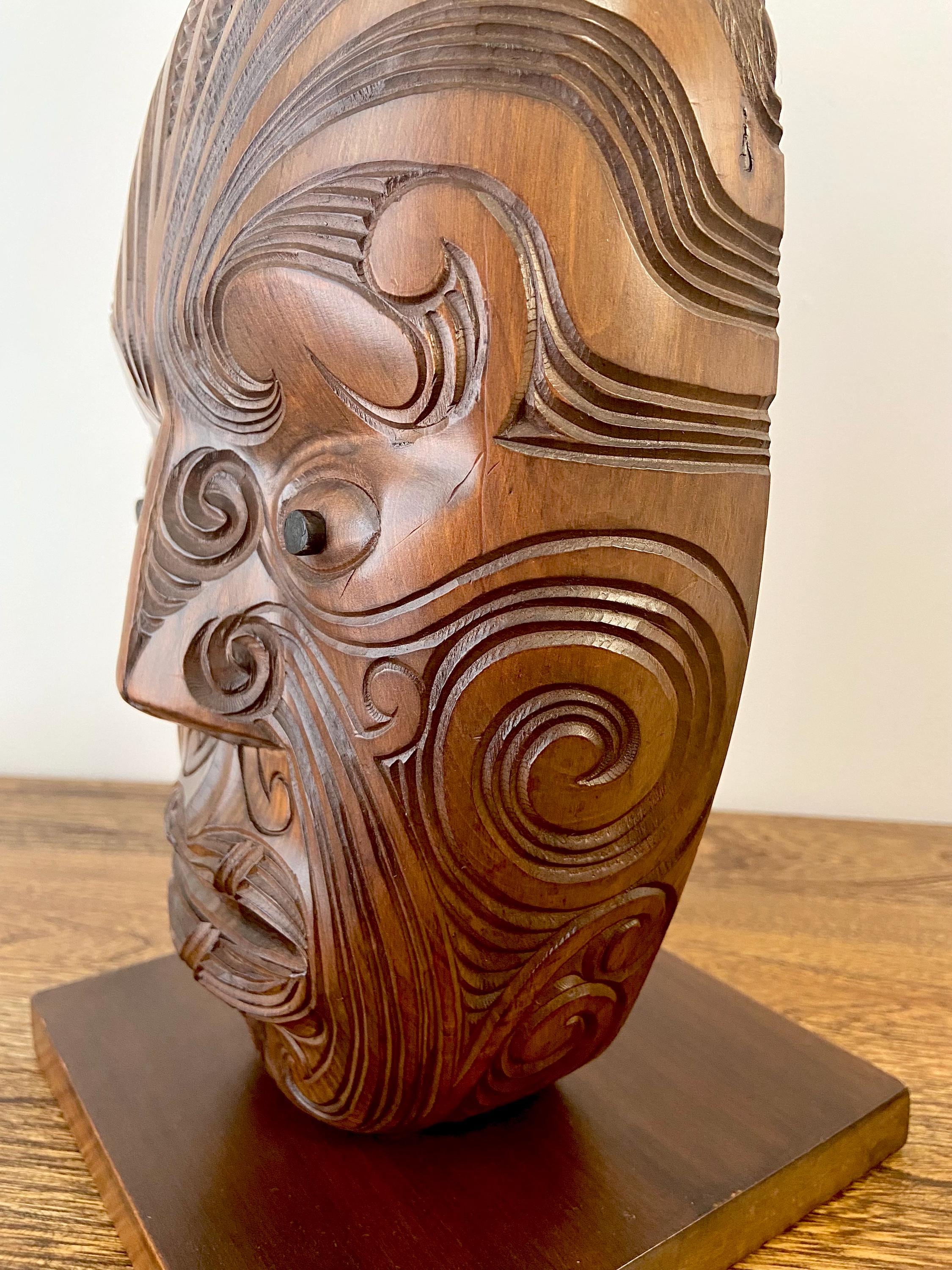 Large Vintage Maori Upoko Whakairo Carved Head on Stand - Ta Moko Wood ...