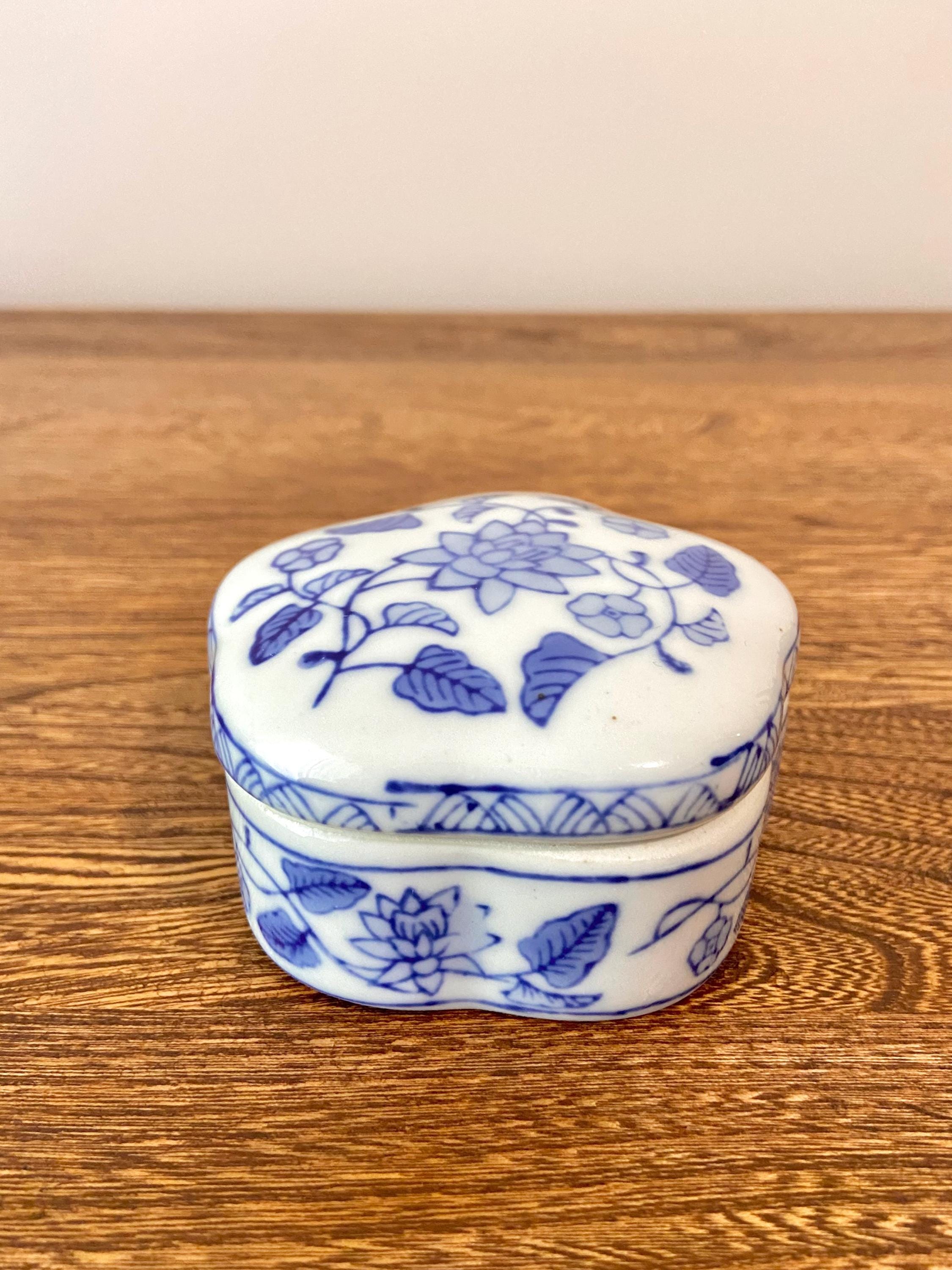 Vintage Blue & White Porcelain Jewelry Box With Lid, Floral Design ...