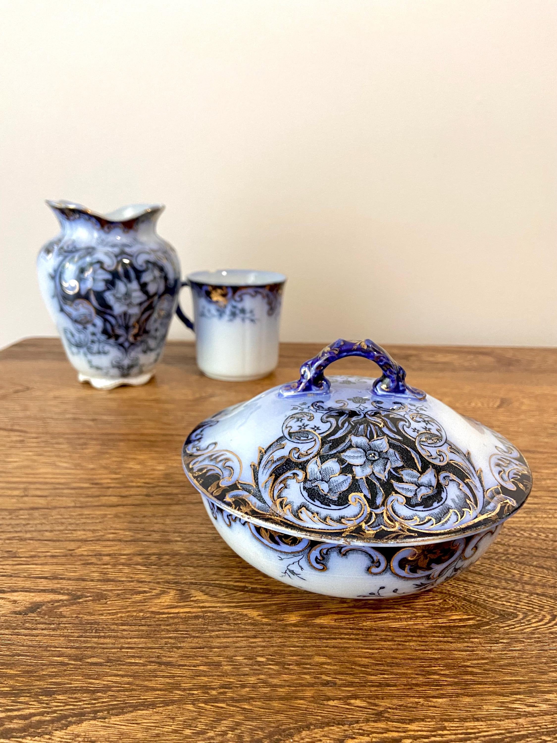 Antique Victorian Flow Blue and White Covered Bowl, Rex Pattern ...