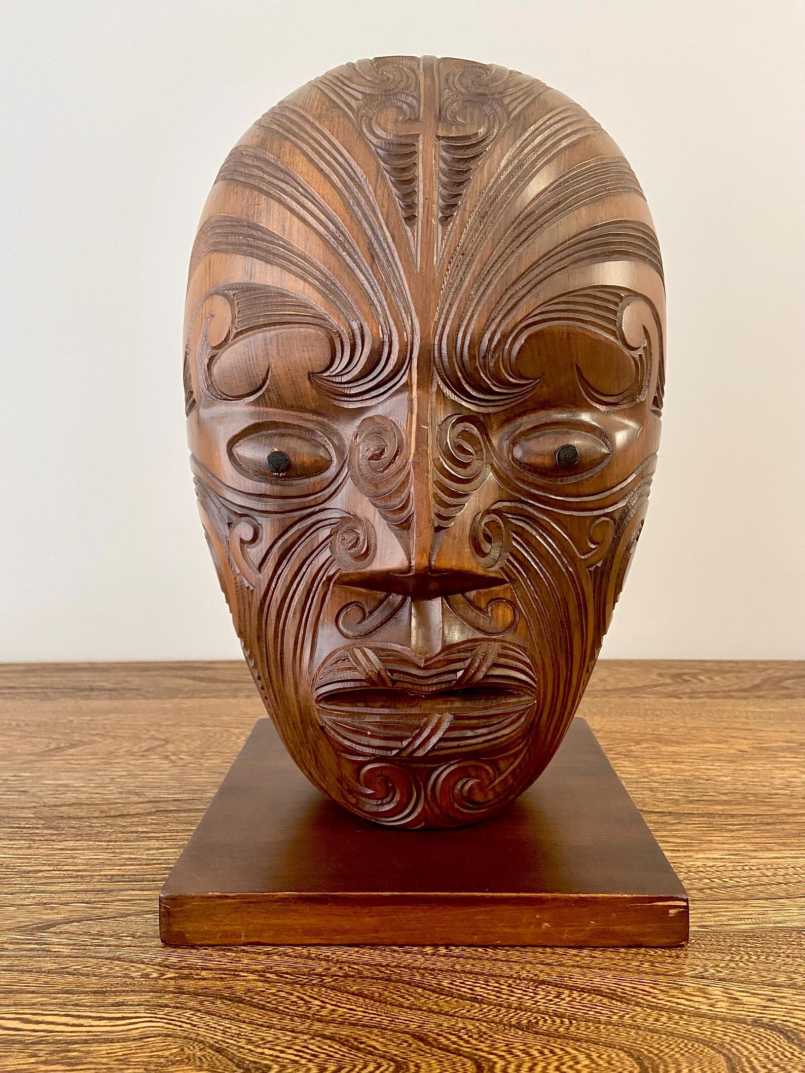 Large Vintage Maori Upoko Whakairo Carved Head on Stand - Ta Moko Wood ...