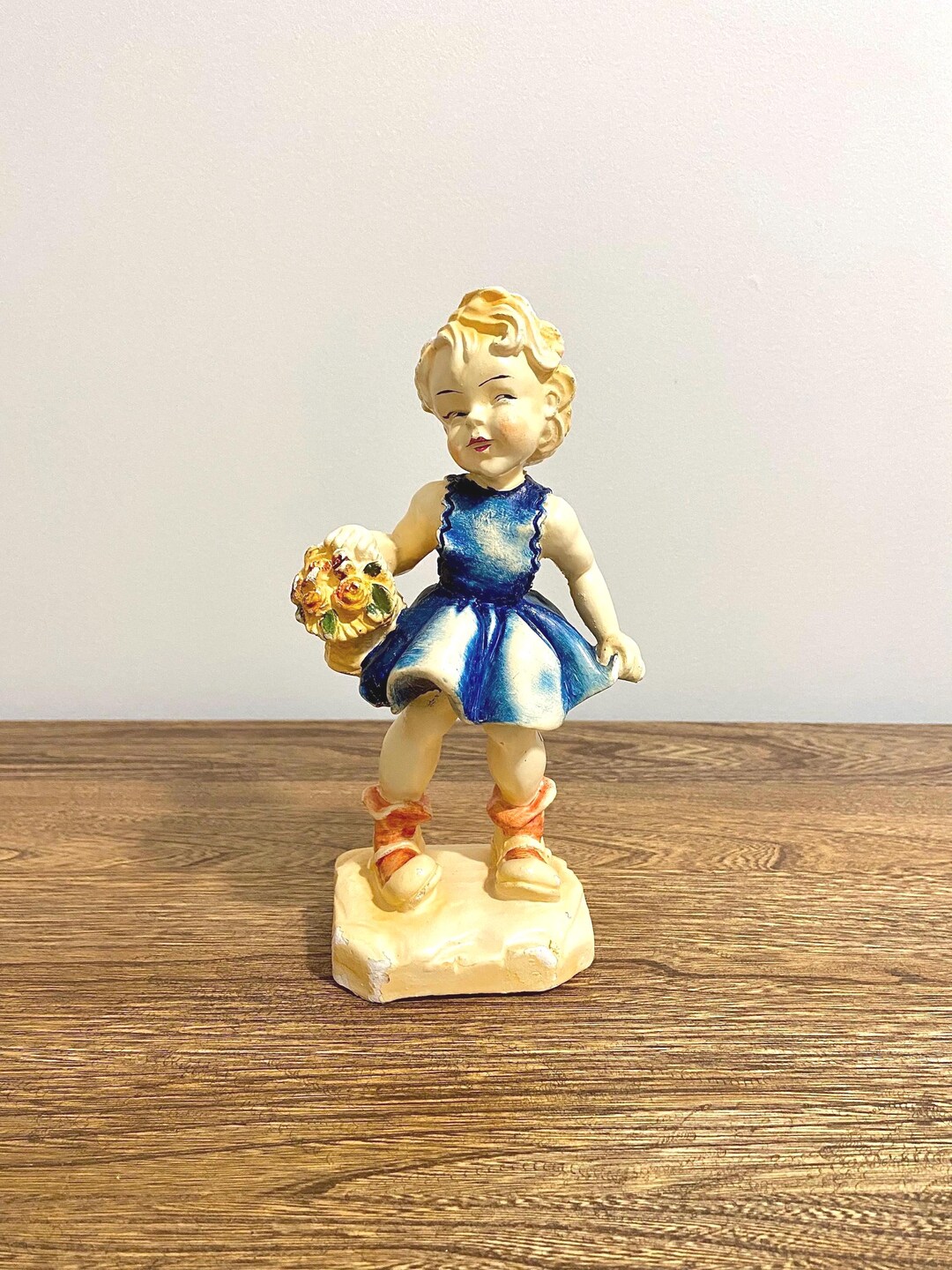 Vintage 8.5" Chalkware Girl Figurine With Blue Dress and Bouquet ...