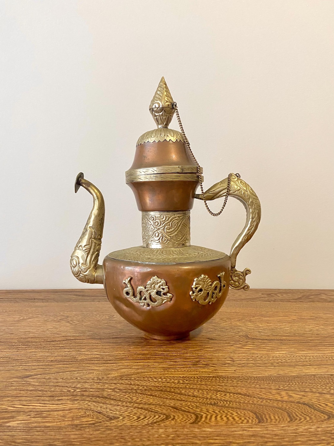 Large Antique Tibetan Copper & Brass Dragon Teapot, Vintage Ritual Ewer ...