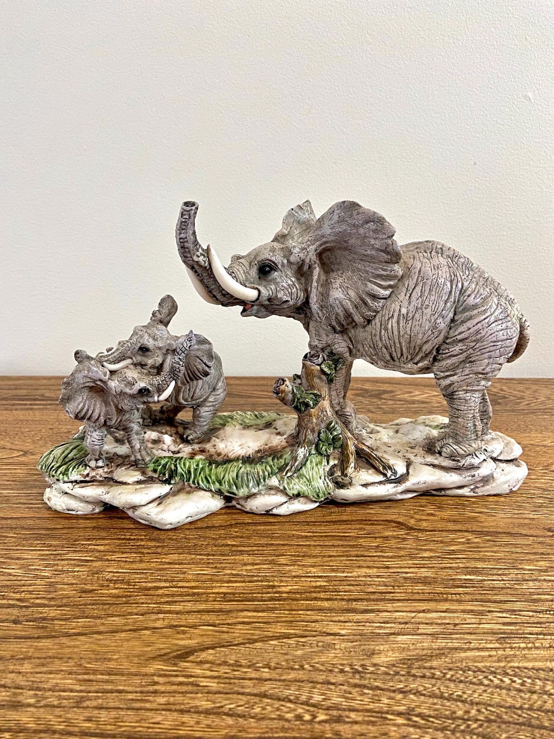Vintage Elephant Family Figurine | Resin Sculpture of Elephant Mom With ...