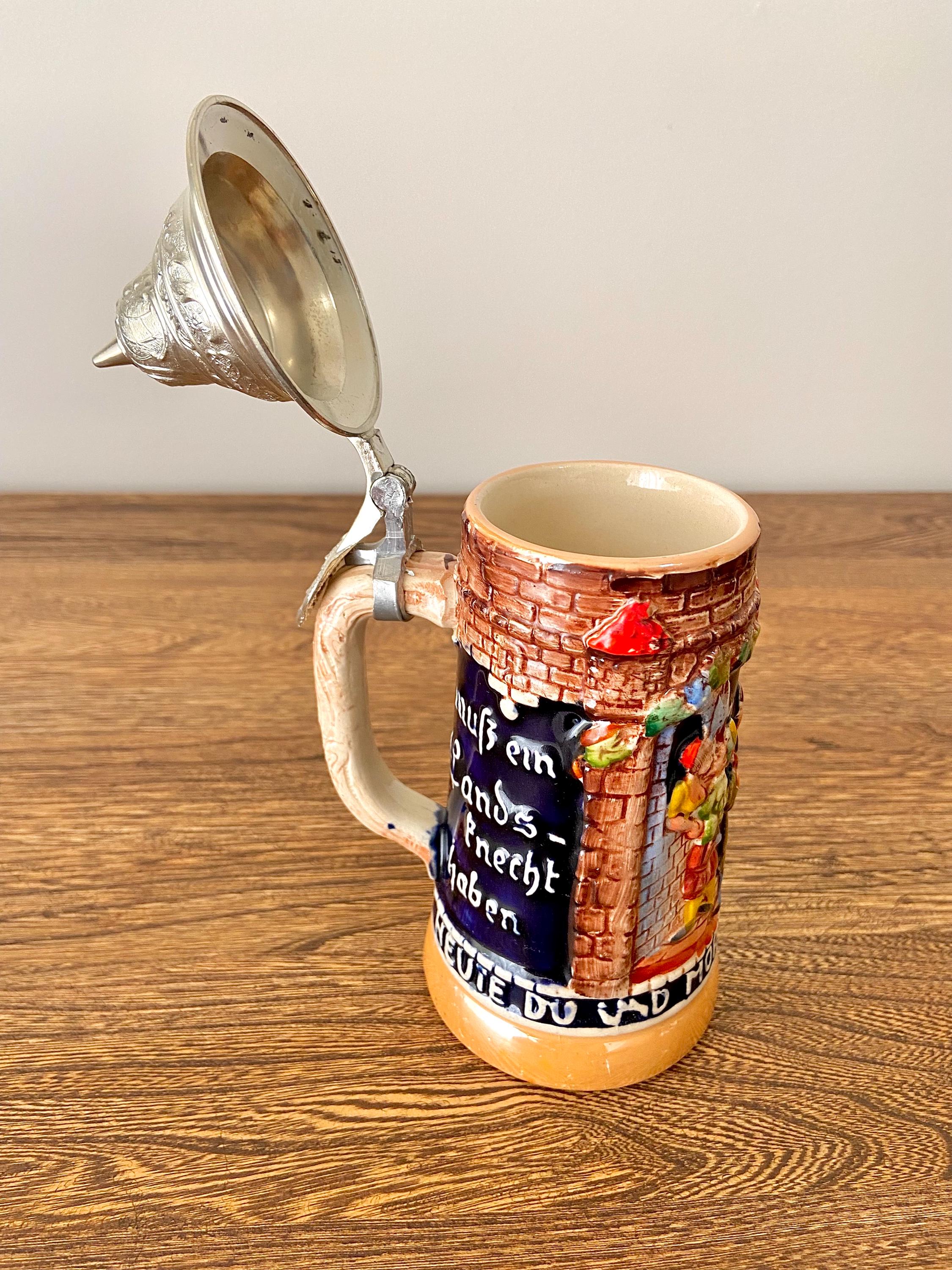 Vintage German Beer Stein With Pewter Lid, 7” Tall, “heute Du Und ...