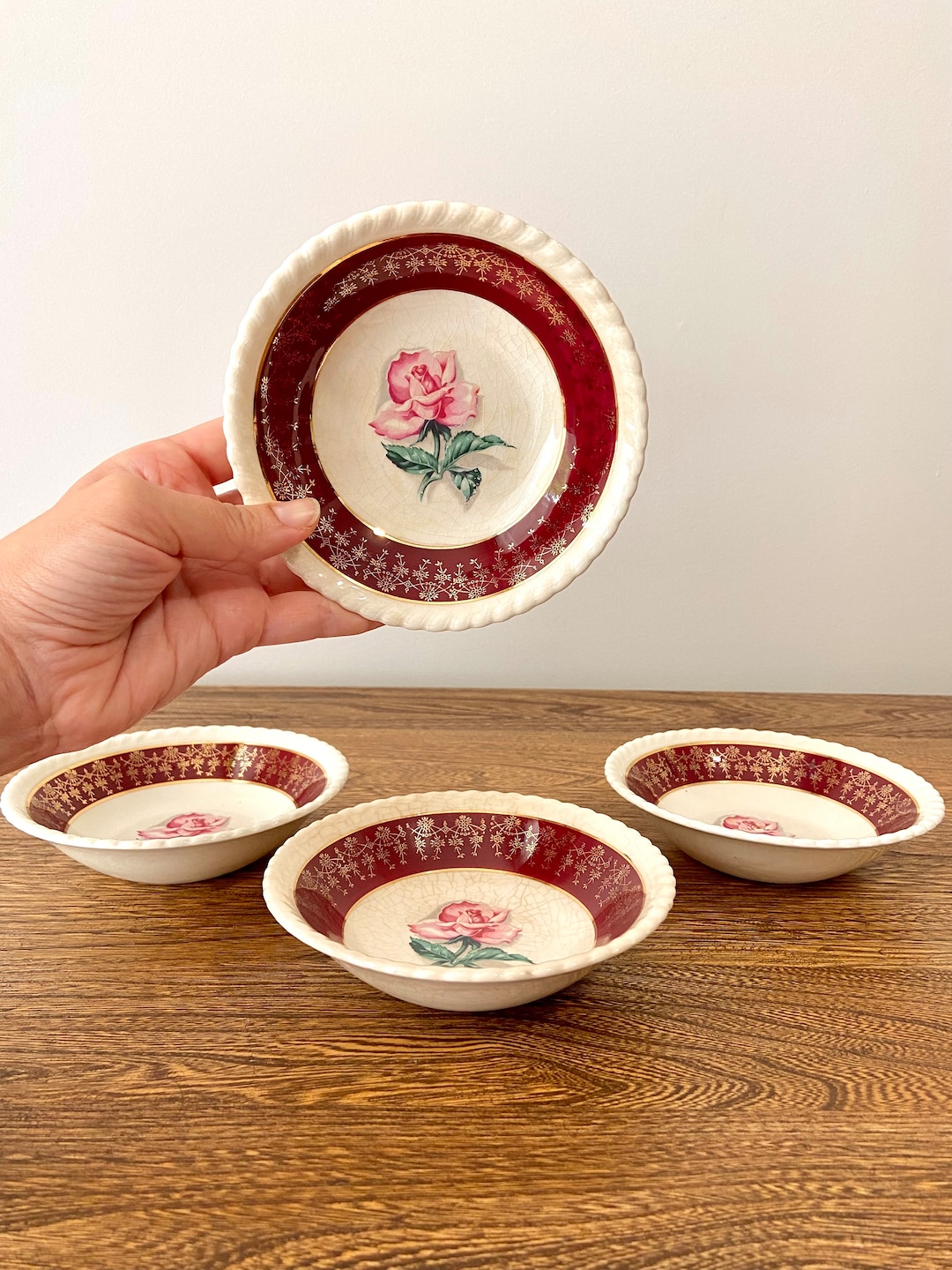 Vintage Sovereign Potters Set of 4 Fruit/dessert Bowls, Maroon Rim ...