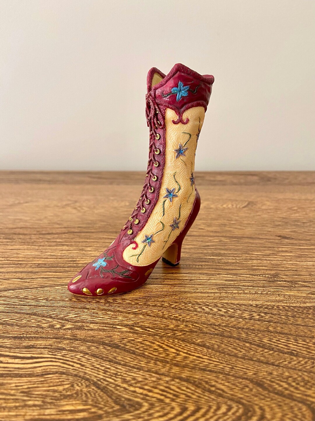 Collectible Vintage Miniature Victorian Lace-up Boot, Red Floral Design ...