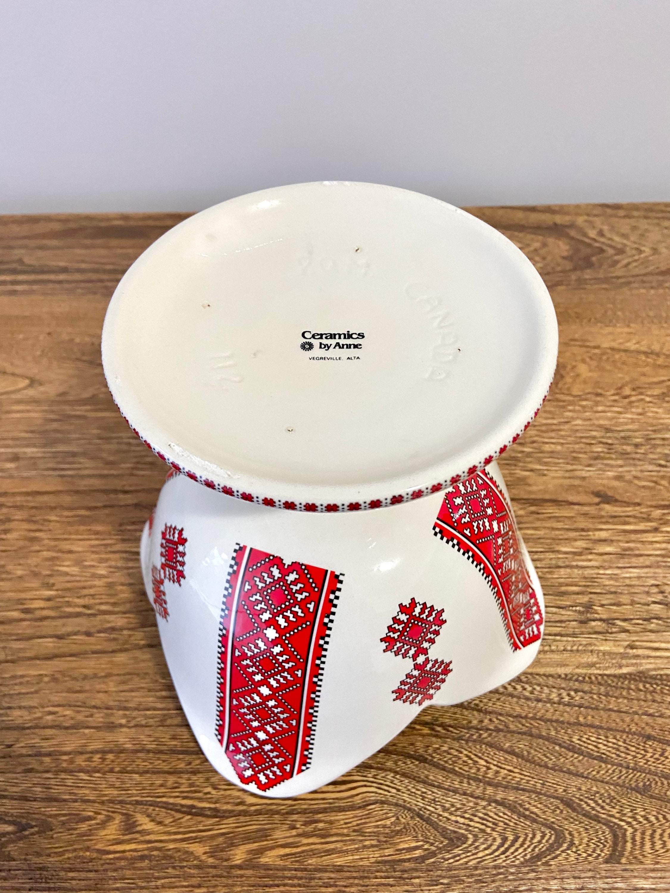 Vintage Ukrainian Pedestal Fruit Dish, Folk Art Ceramic Compote, Red ...