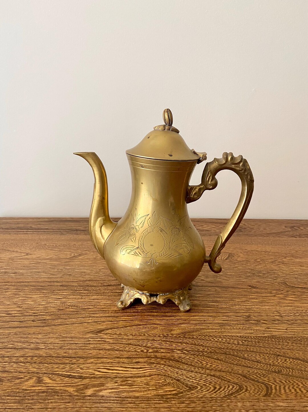 Vintage Solid Brass Indian Teapot With Floral Etching, Made in India, 9 ...