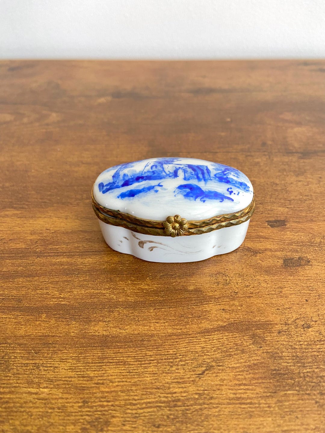Rare Antique Porcelain Trinket Box With Hand Painted Blue Scene Signed ...
