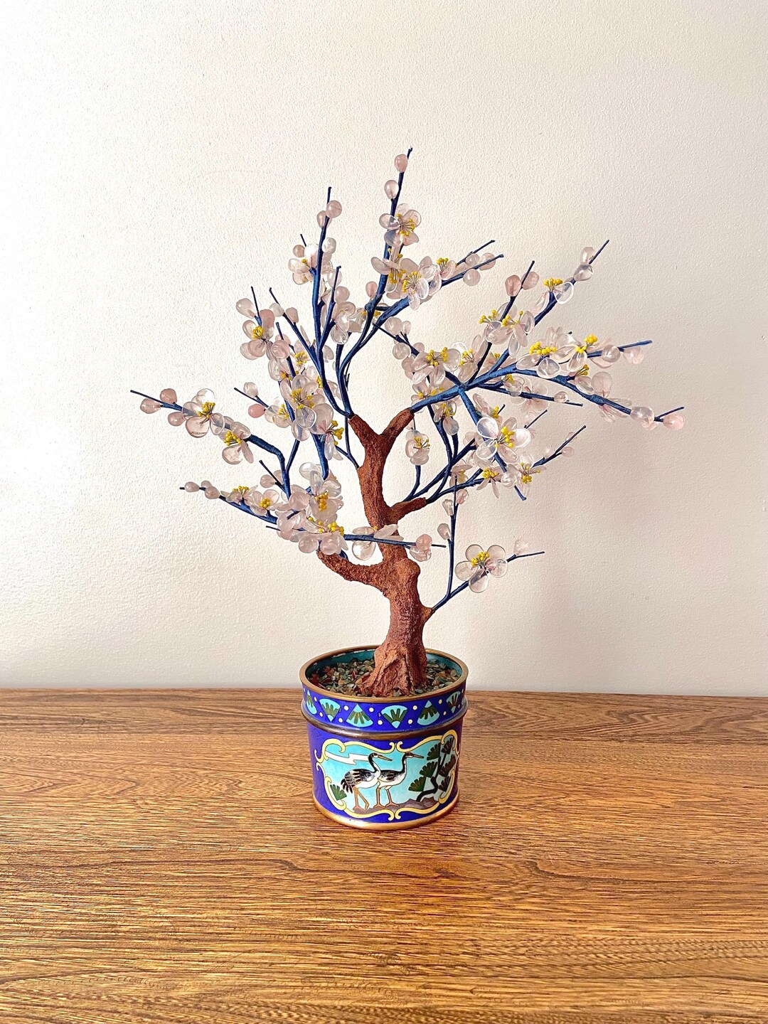 Vintage Chinese Bonsai Tree in Cloisonne Crane Pot, Rose Quartz ...