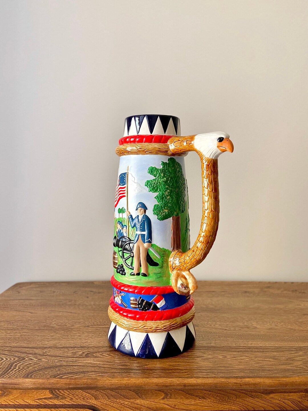 Vintage XL American War of Independence Ceramic Stein Mug, Hand-painted ...