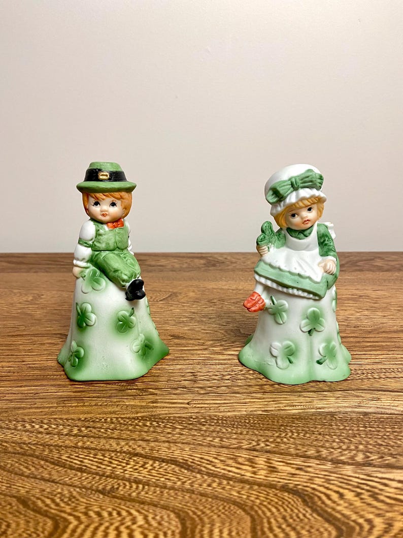 Vintage Bisque Shamrock Boy and Girl Bell Figurines, 5h, Set of 2 Irish ...