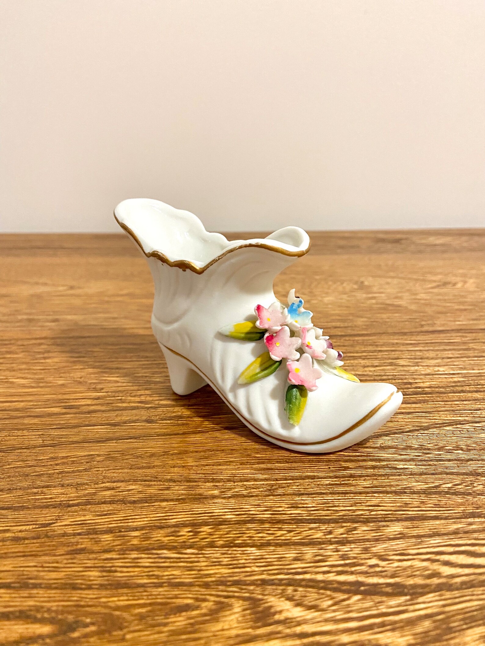 Vintage White Porcelain Shoe With Gold Trim and Floral Accents, Hand ...