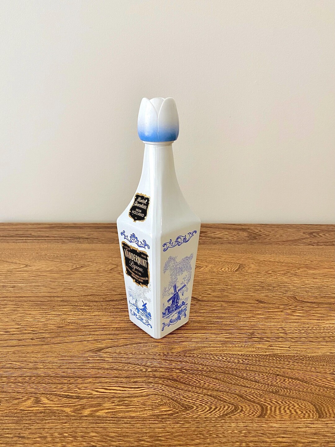Vintage Vandermint Liqueur Bottle Tulip Top, Delft Blue Windmill Decor ...