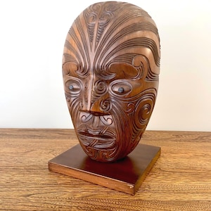 Large Vintage Maori Upoko Whakairo Carved Head on Stand - Ta Moko Wood ...