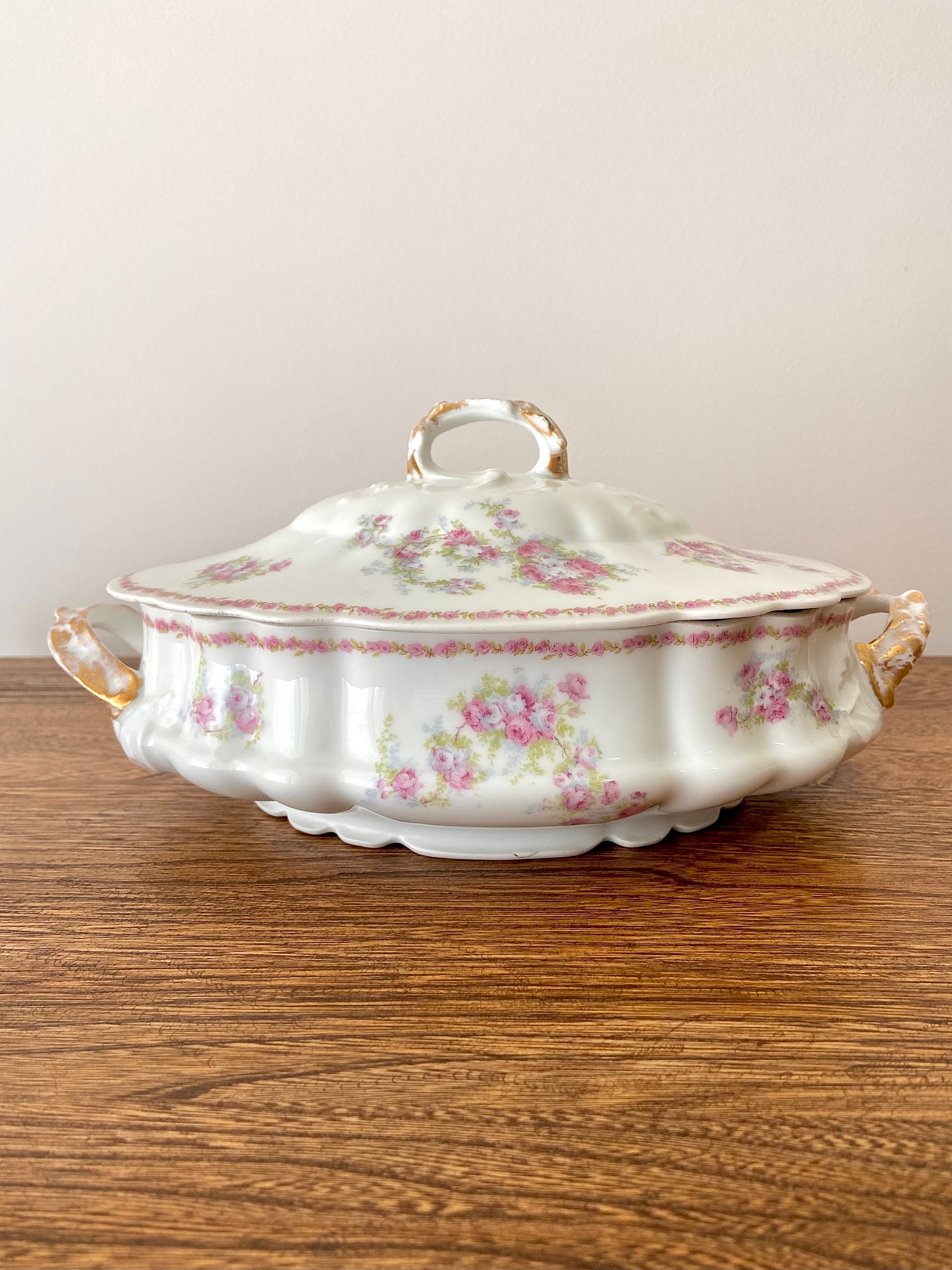 Antique French Limoges Coronet Soup Tureen, Hand Painted Details, Pink ...