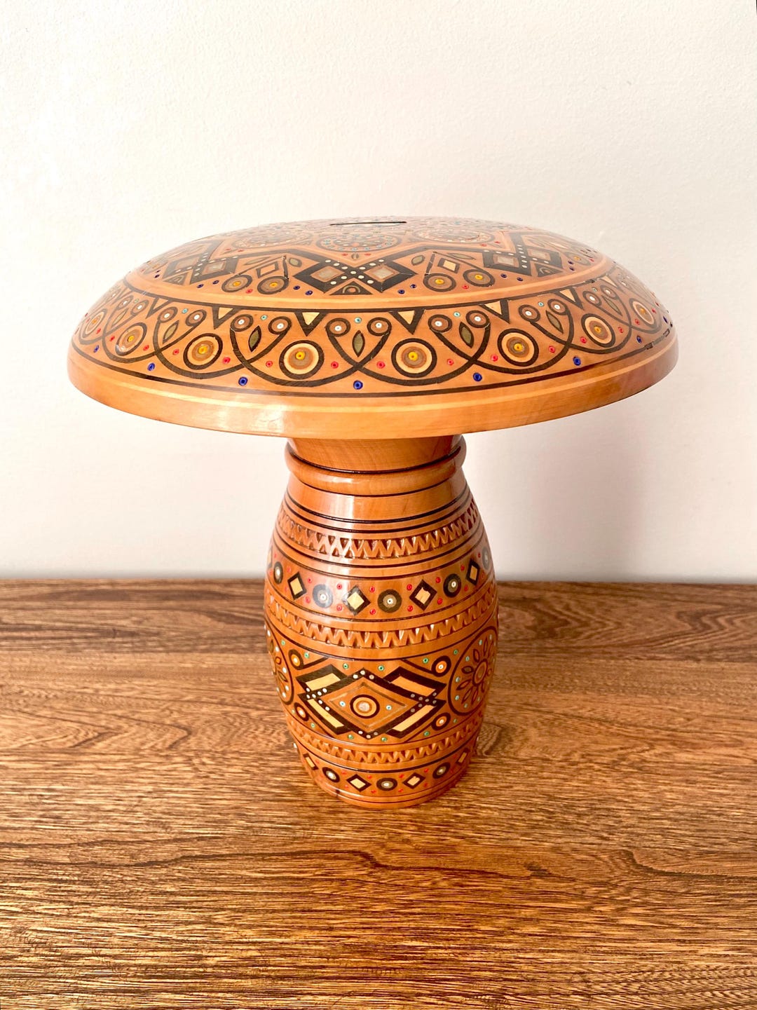 Large Vintage Ukrainian Hutsul Wooden Mushroom Piggy Bank Box, Hand ...