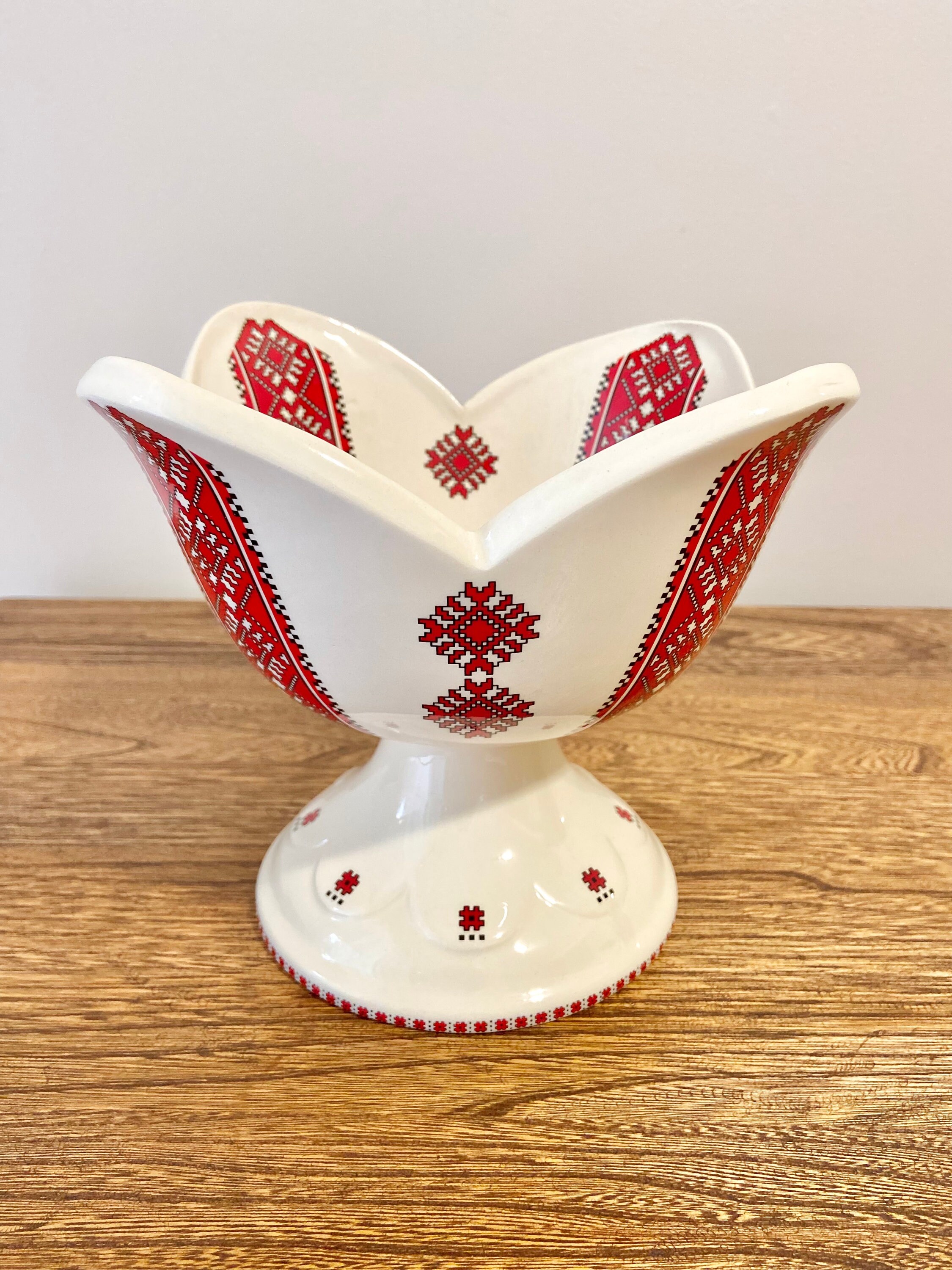 Vintage Ukrainian Pedestal Fruit Dish, Folk Art Ceramic Compote, Red ...