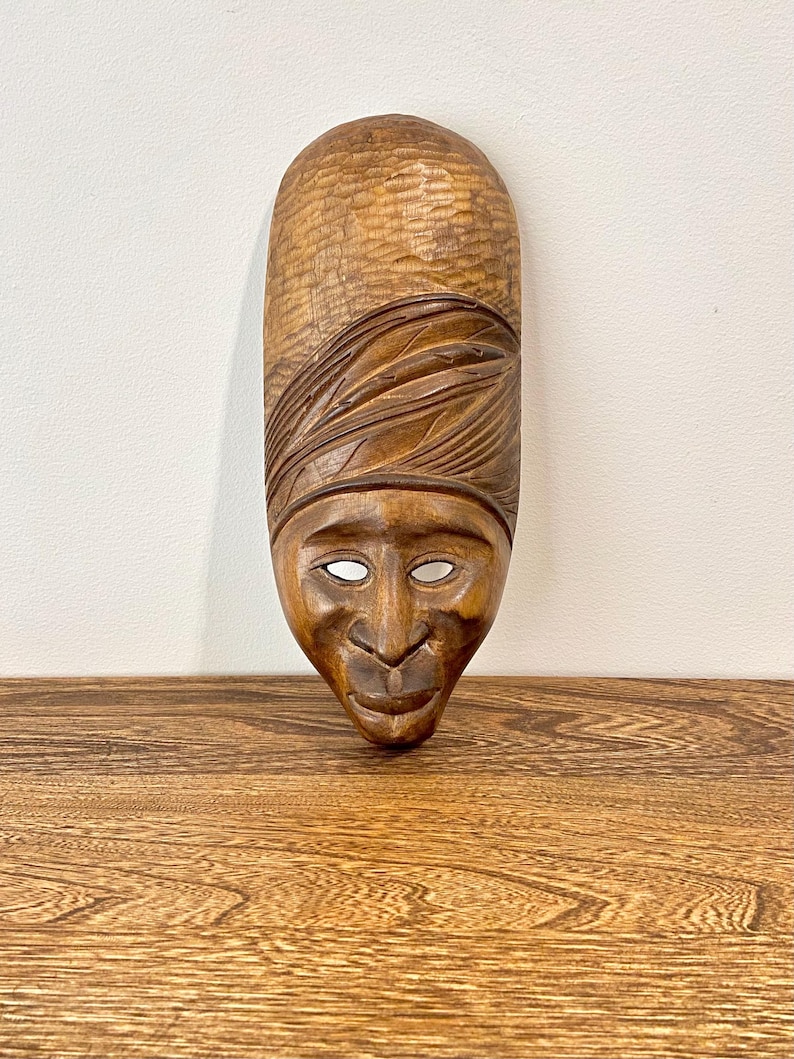 Vintage Jamaican Tribal Folk Art Wooden Mask, Hand Carved Wall Decor ...