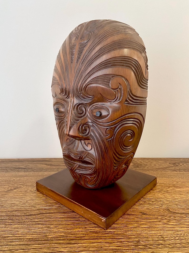 Large Vintage Maori Upoko Whakairo Carved Head on Stand - Ta Moko Wood ...