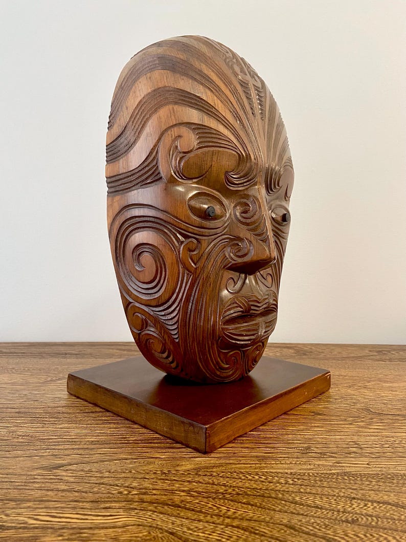 Large Vintage Maori Upoko Whakairo Carved Head on Stand - Ta Moko Wood ...