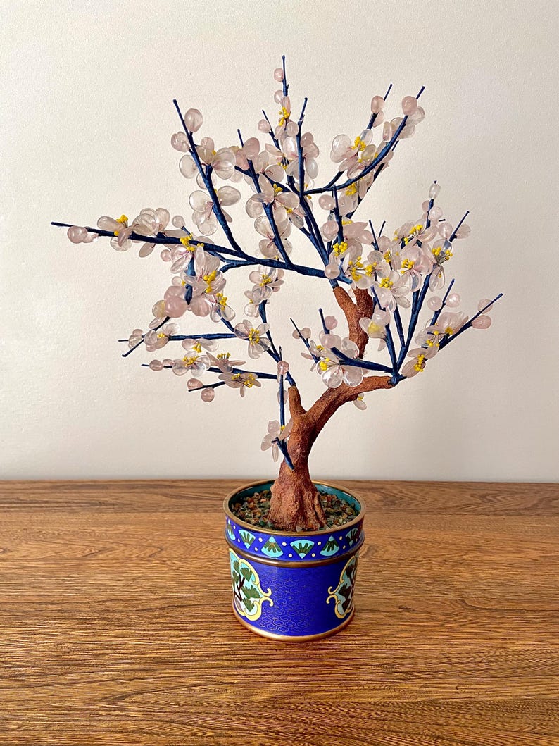 Vintage Chinese Bonsai Tree in Cloisonne Crane Pot, Rose Quartz ...