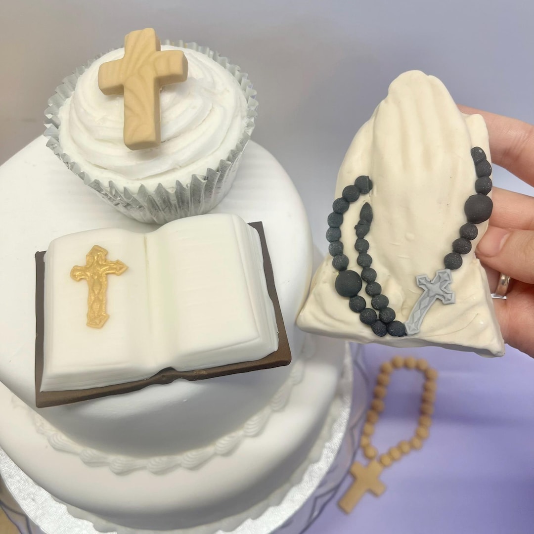 Communion Edible Cake Topper | Bible Cross Rosary Beads Figurine ...