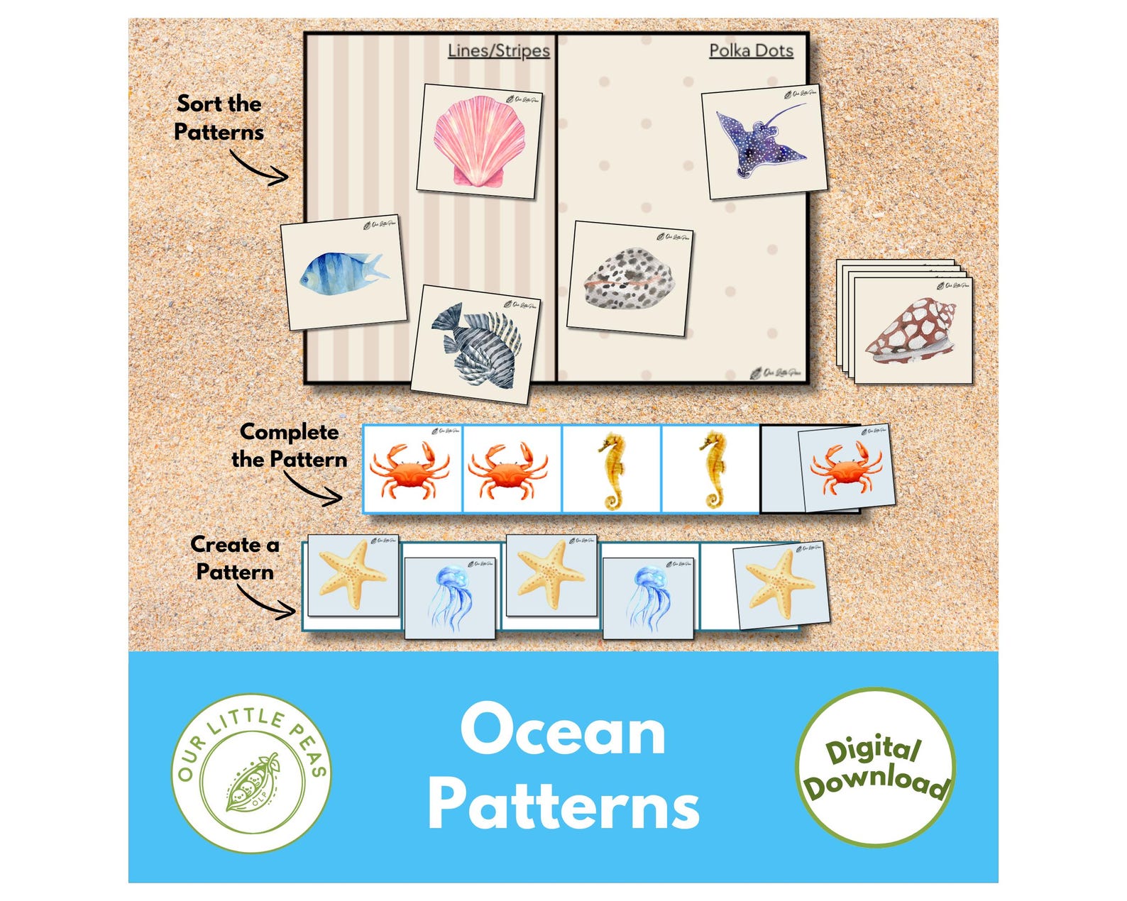 Ocean Patterns, Shape Sort, Preschool Math, Preschool and Kindergarten ...