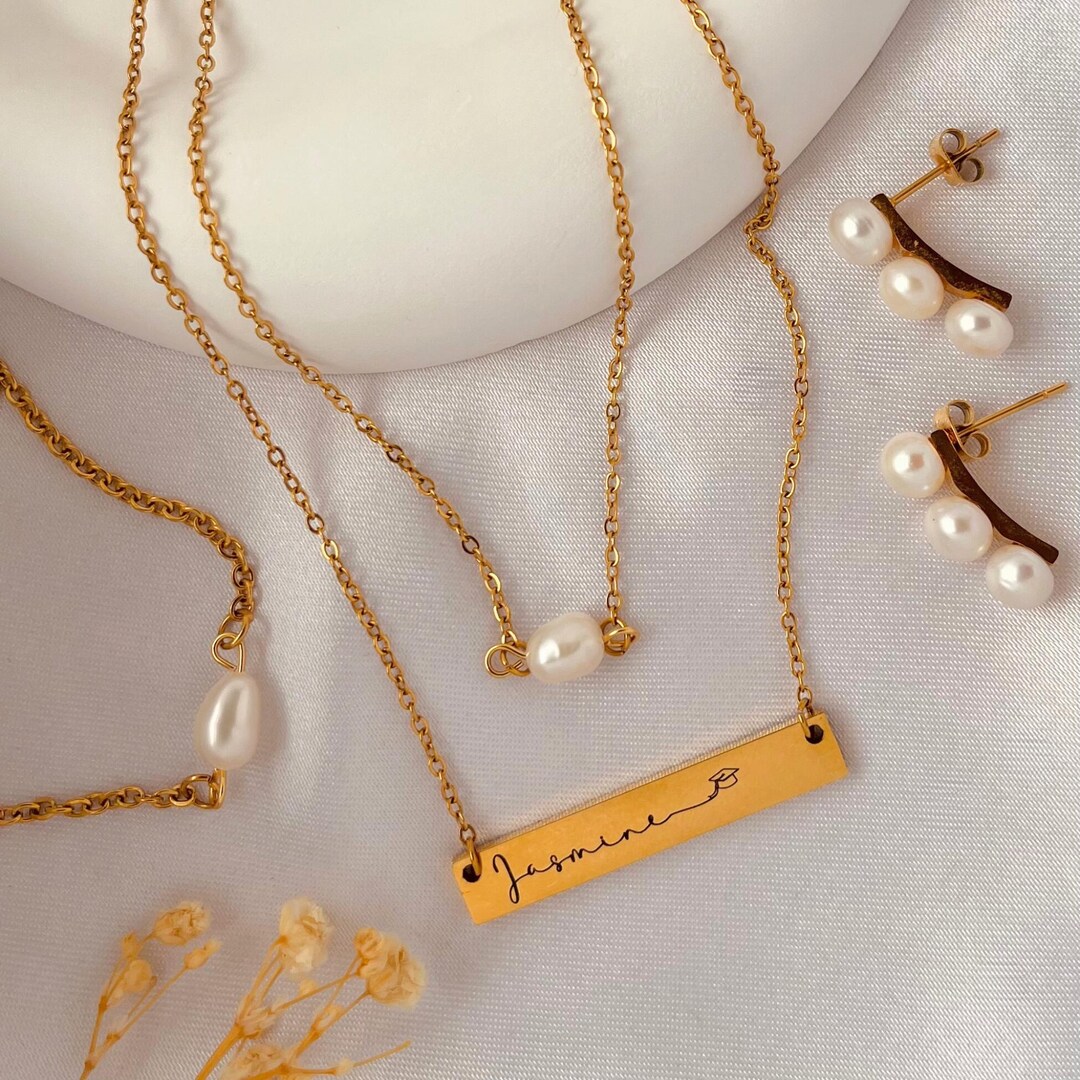 Personalized Graduation Pearl Necklace: Custom Name, Stainless Steel - Etsy