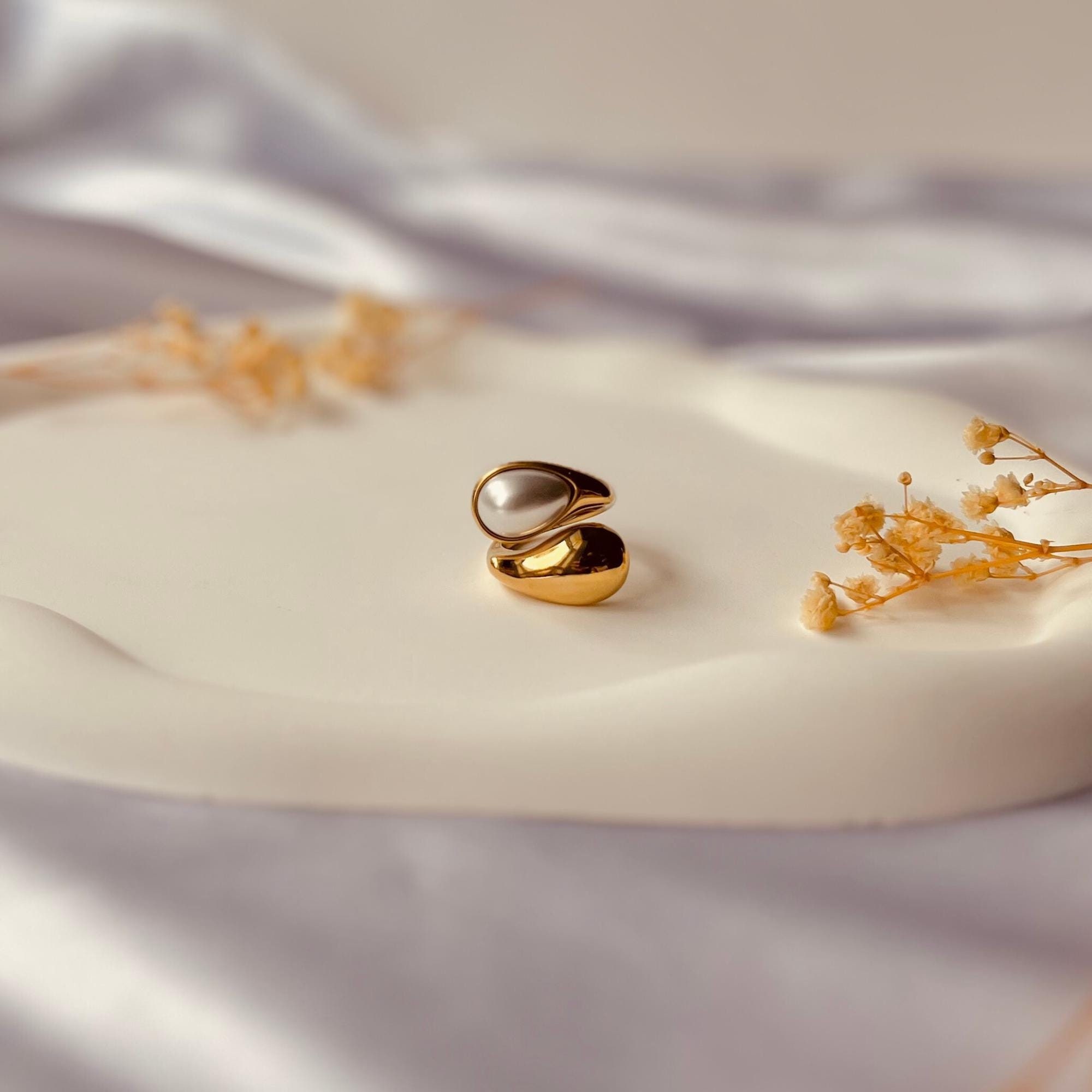 NIA Ring Water Drop Pearl Ring Adjustable Pearl Ring Pearl Bead ...