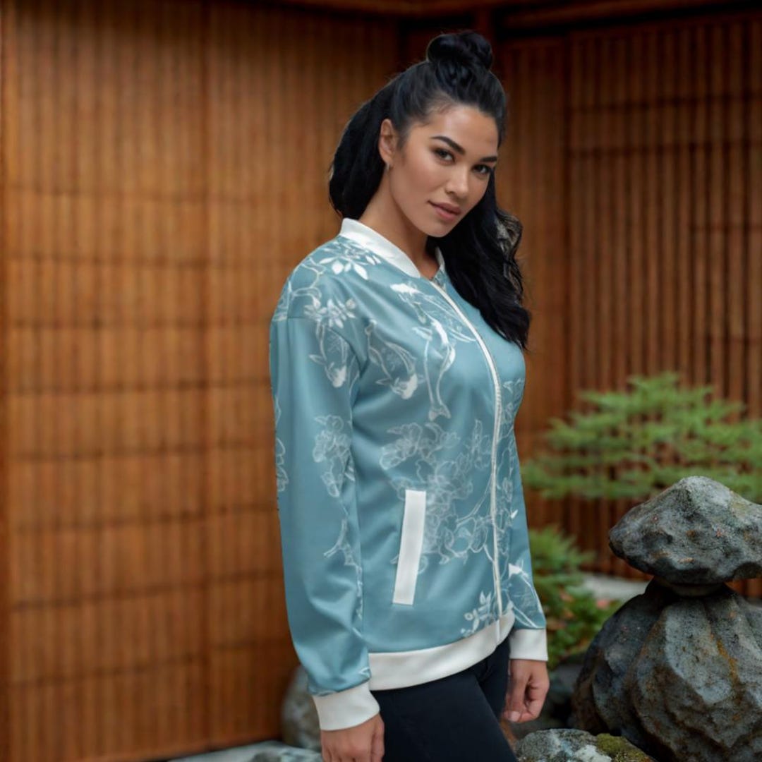 Blue Koi Fish Japanese Garden Bomber Jacket, Women's Boho Chich ...