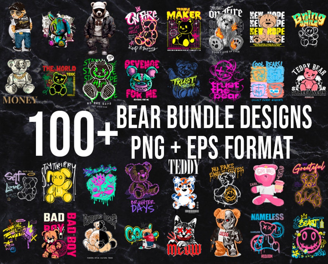 100 Bear T-shirt Designs Bundle / Bear Design / Streetwear Design / T ...