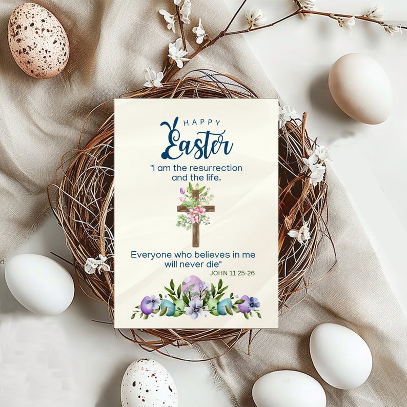 Floral Cross Christian Happy Easter Bunny Card, Bible Verse Cards, Catholic Greeting Card ...