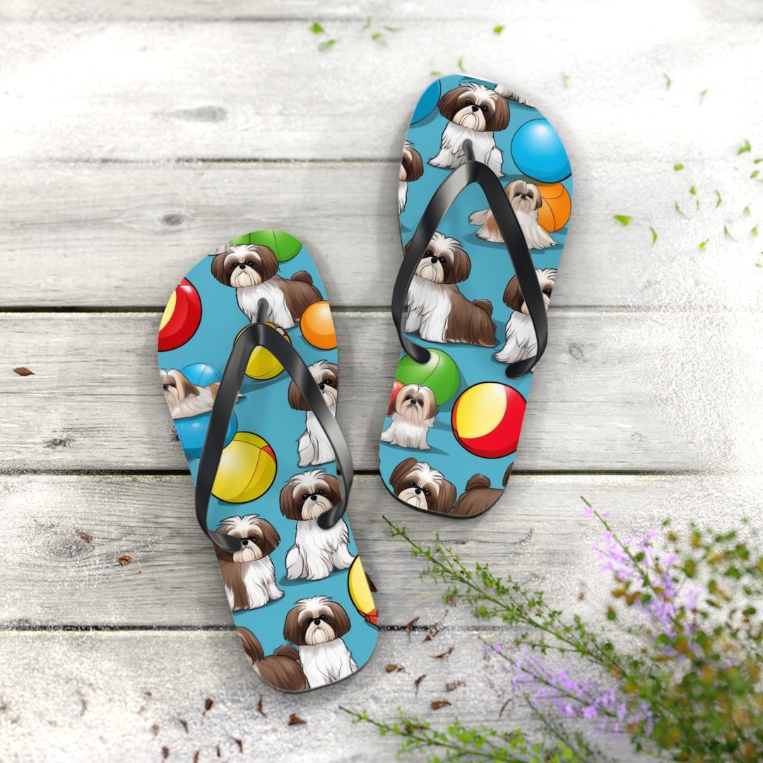 Shih Tzu Dogs on a Beach as a Cartoon With Beach Balls Summer Flip Flop ...
