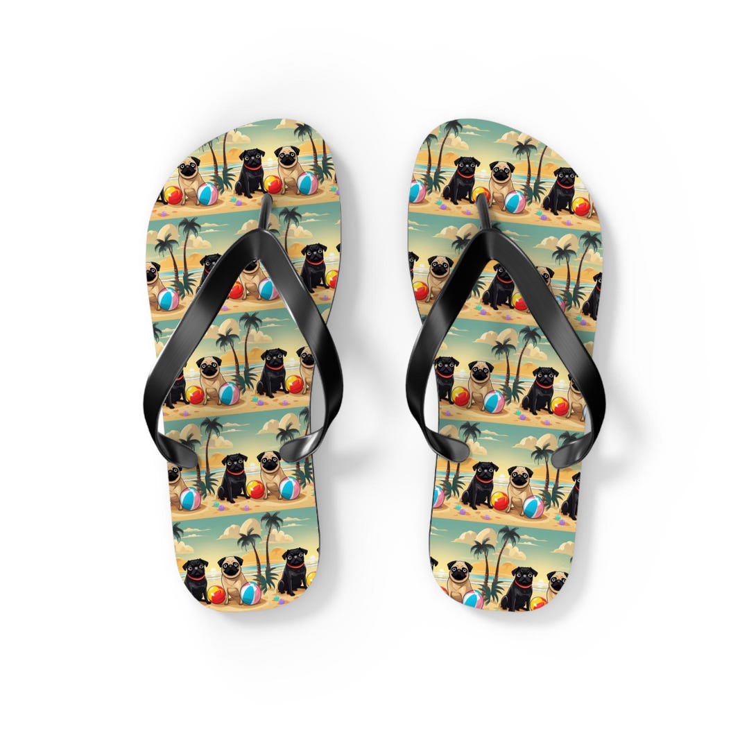 Pug Core Flip Flops - Black and Fawn Cute Design for Beach and Travel ...