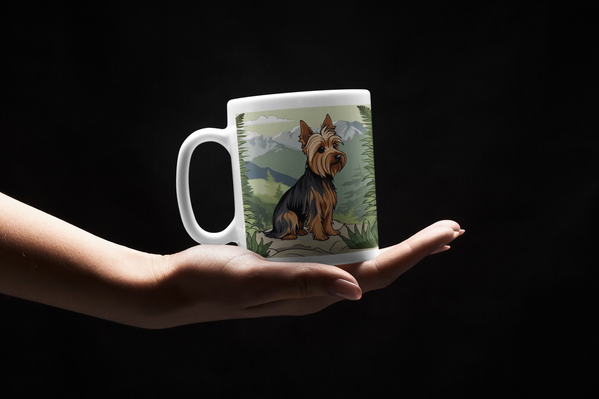Yorkie Terrier Outdoor Scene With Mountains and Ferns as a Cartoon ...